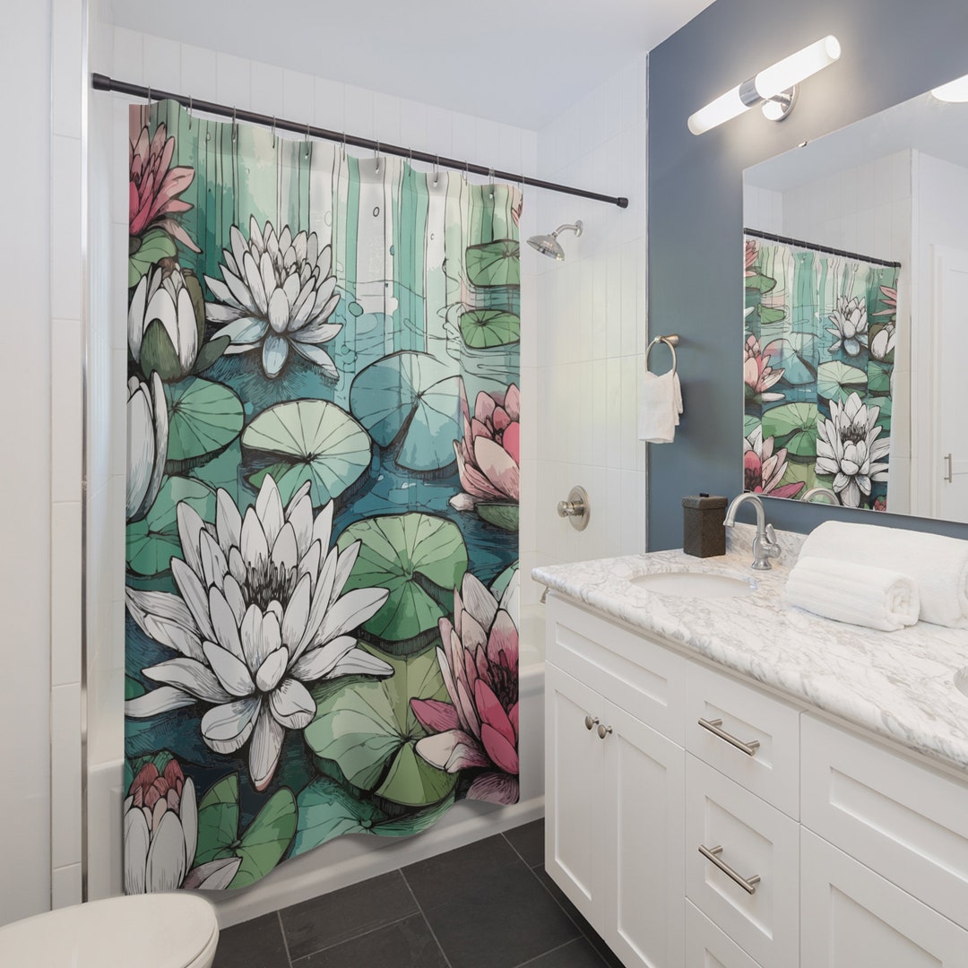 Lotus Flower and Lily Pad Cloth Shower Curtain. Shades of Tranquil ...