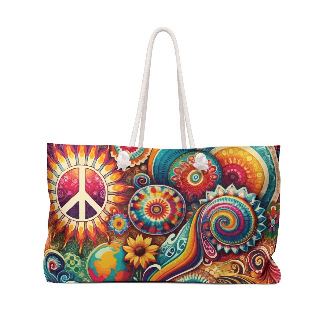 Groovy Weekender Tote Bag. A Dynamic Blend of Bold Colors, Patterns and Symbols, Including a ...