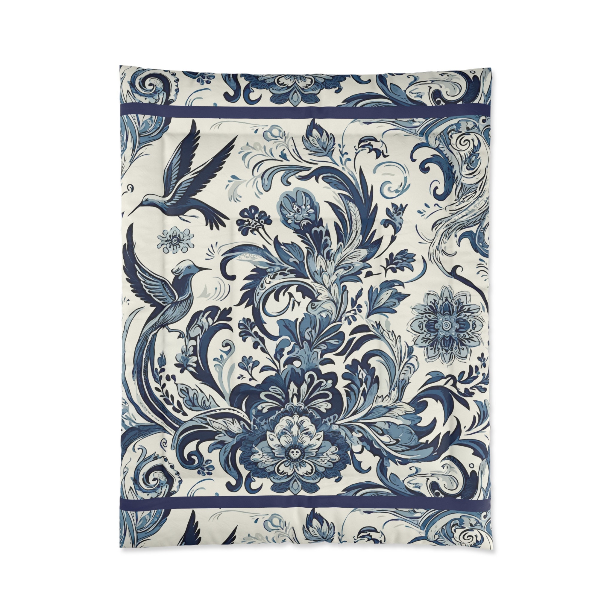 Blue and White Vintage Inspired Comforter. Featuring a Blue and White ...