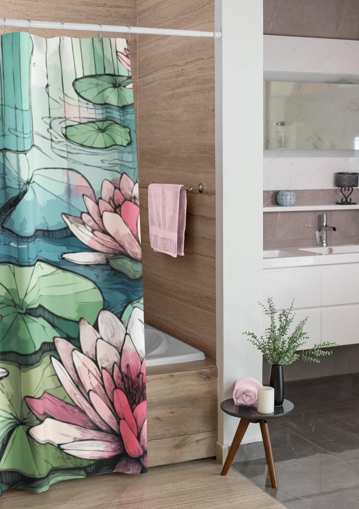 Lotus Flower and Lily Pad Cloth Shower Curtain. Shades of Tranquil ...