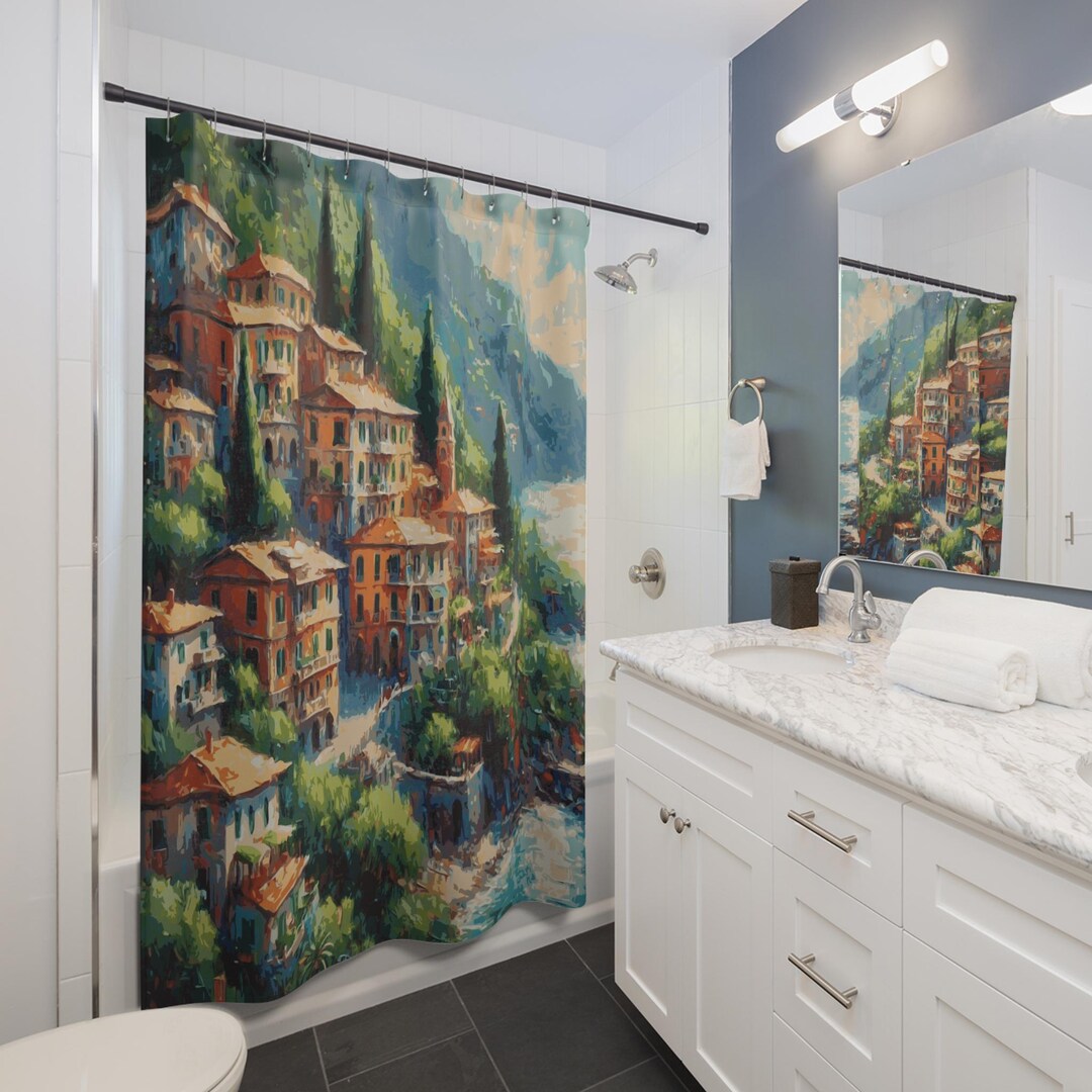Italian Coastal Village Cloth Shower Curtain. Featuring Impressionistic ...