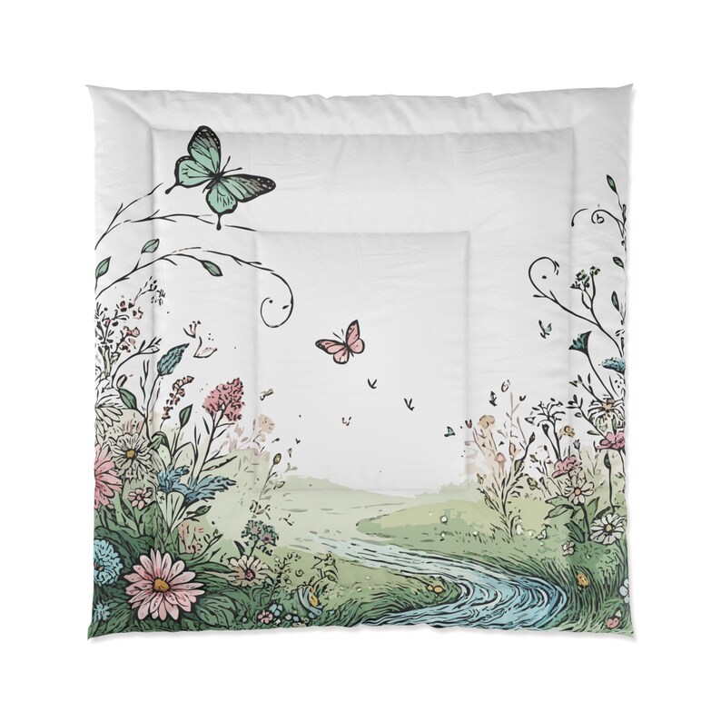 Dreamy Meadow Comforter. A Scene of Wildflowers, Butterflies, and a ...