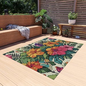 Stylized Hibiscus Outdoor Rug. Featuring Vivid, Tropical Orange and ...