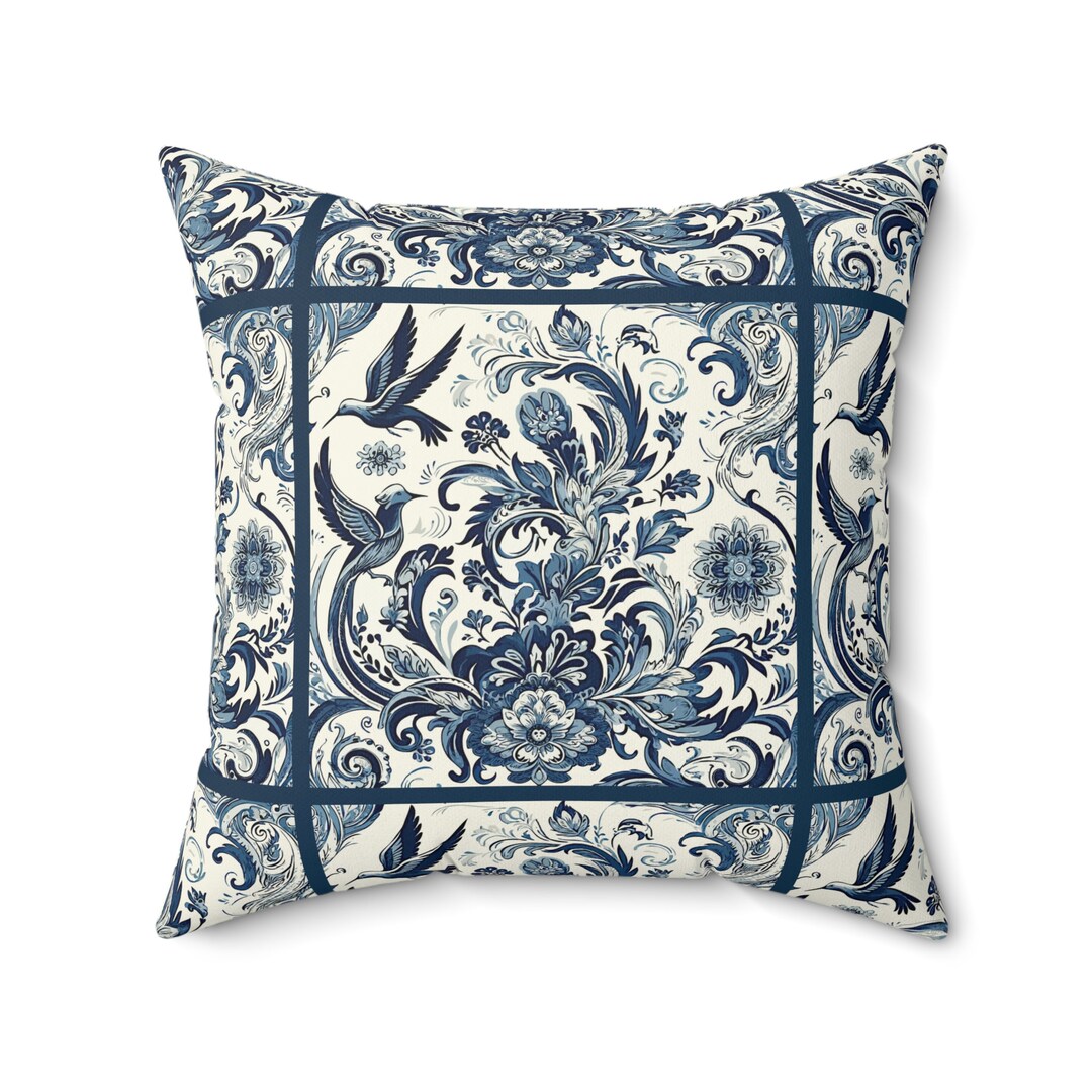 Blue and White Vintage Inspired Square Pillow. Featuring an Intricate ...