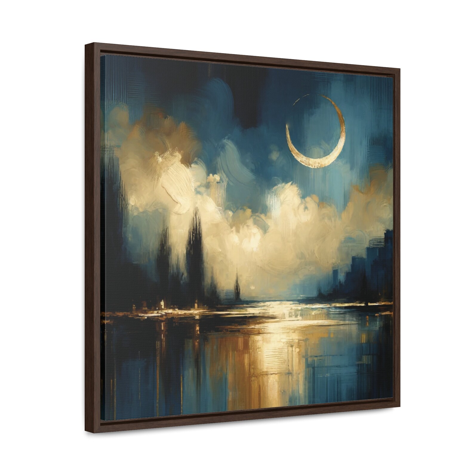 Serene Moonlit Night Framed Minimalistic Artwork. Dark Blue and Gold ...