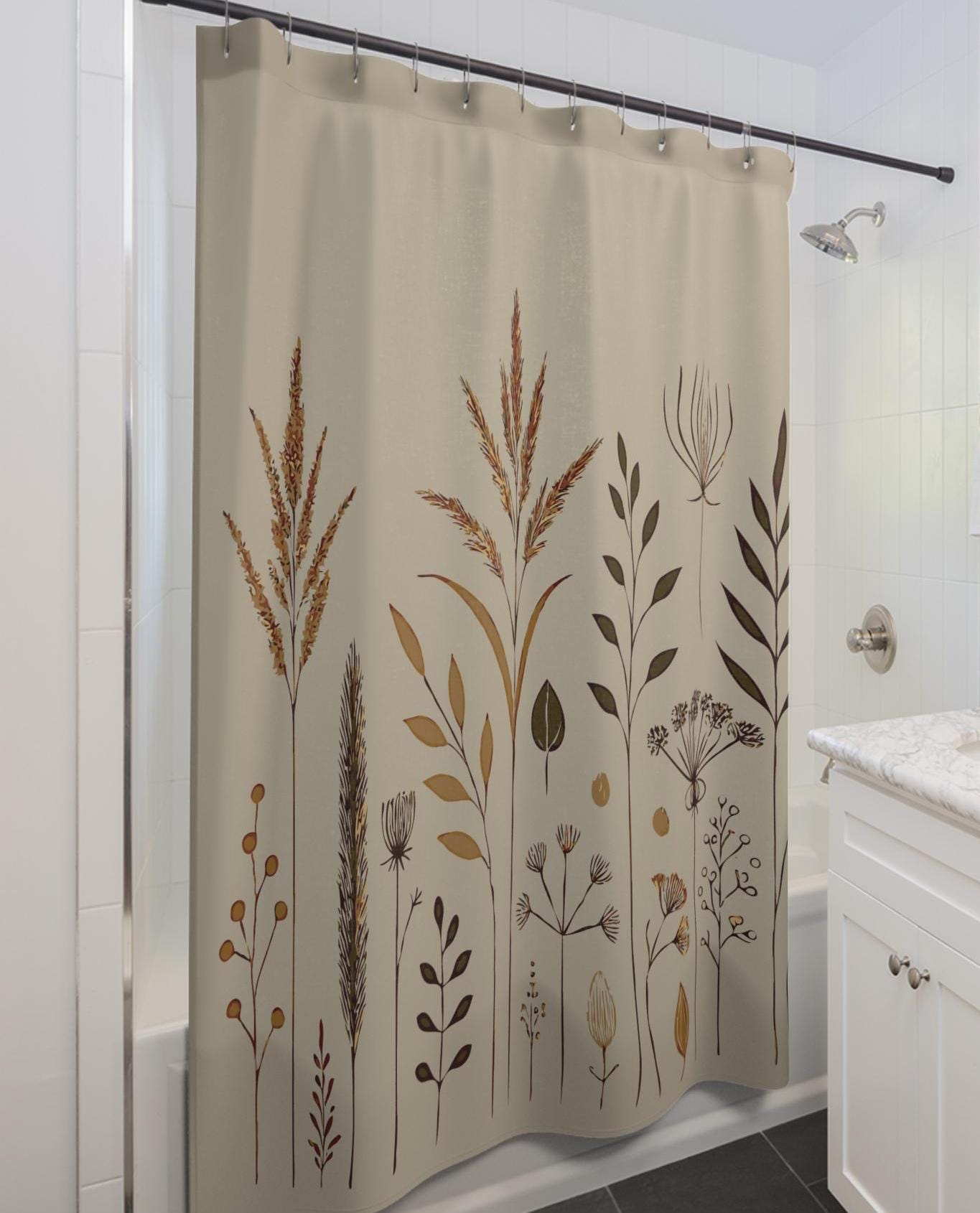 Natural Minimalist Boho Cloth Shower Curtain. Earthy Grasses, Plants ...