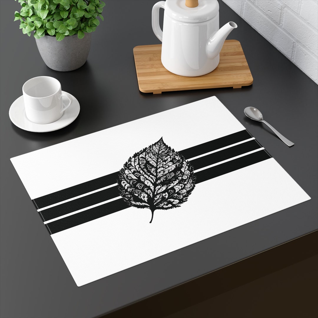 Black and White Lacey Leaf and Stripes Placemat. Featuring a Single ...