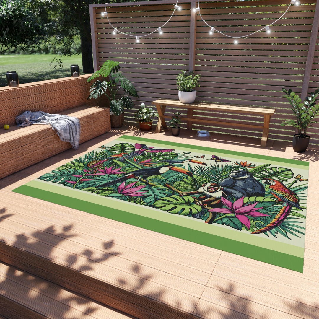Vibrant Exotic Jungle Oasis Outdoor Rug. Featuring Lively Tropical ...