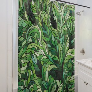Green Leaf Mosaic Cloth Shower Curtain. A Stained Glass-inspired Design ...