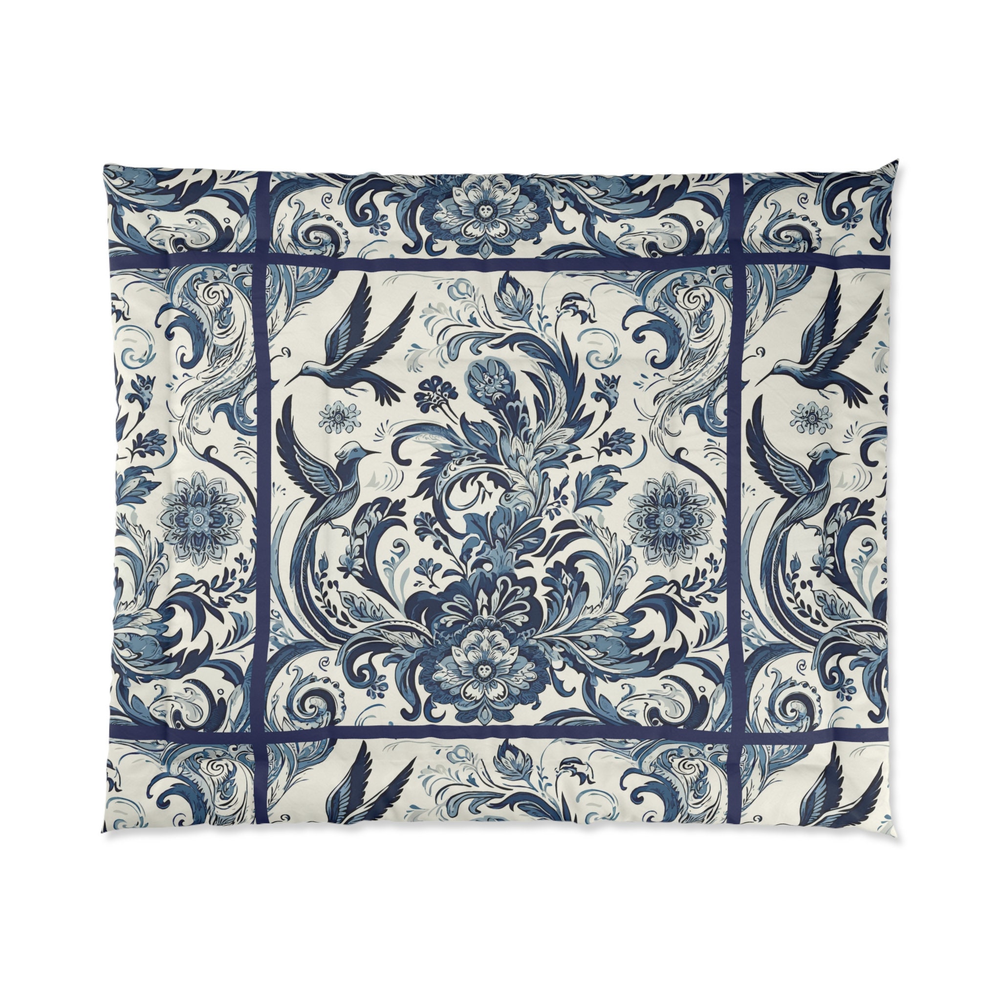 Blue and White Vintage Inspired Comforter. Featuring a Blue and White ...