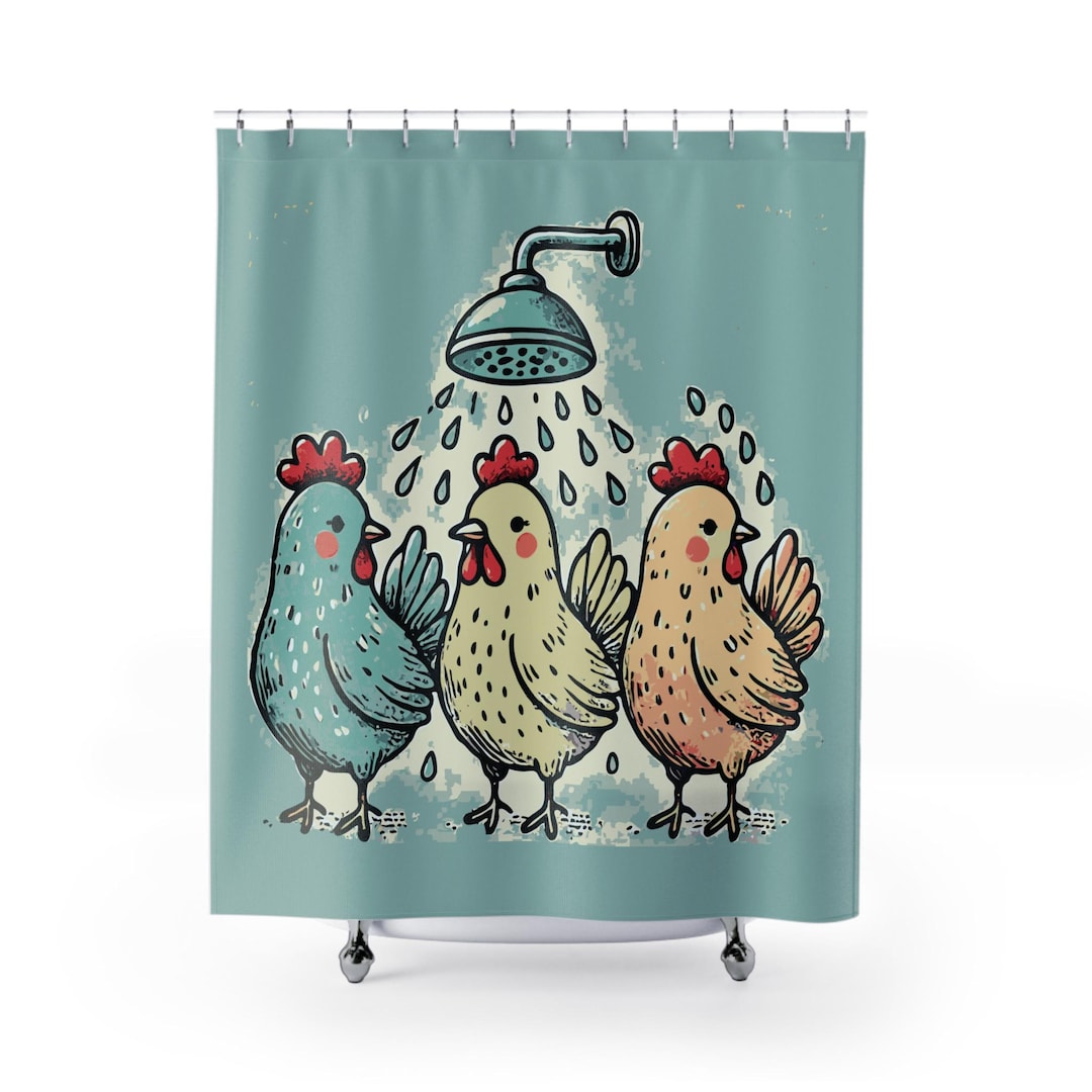 Three Chickens Taking a Shower Cloth Shower Curtain. Featuring ...