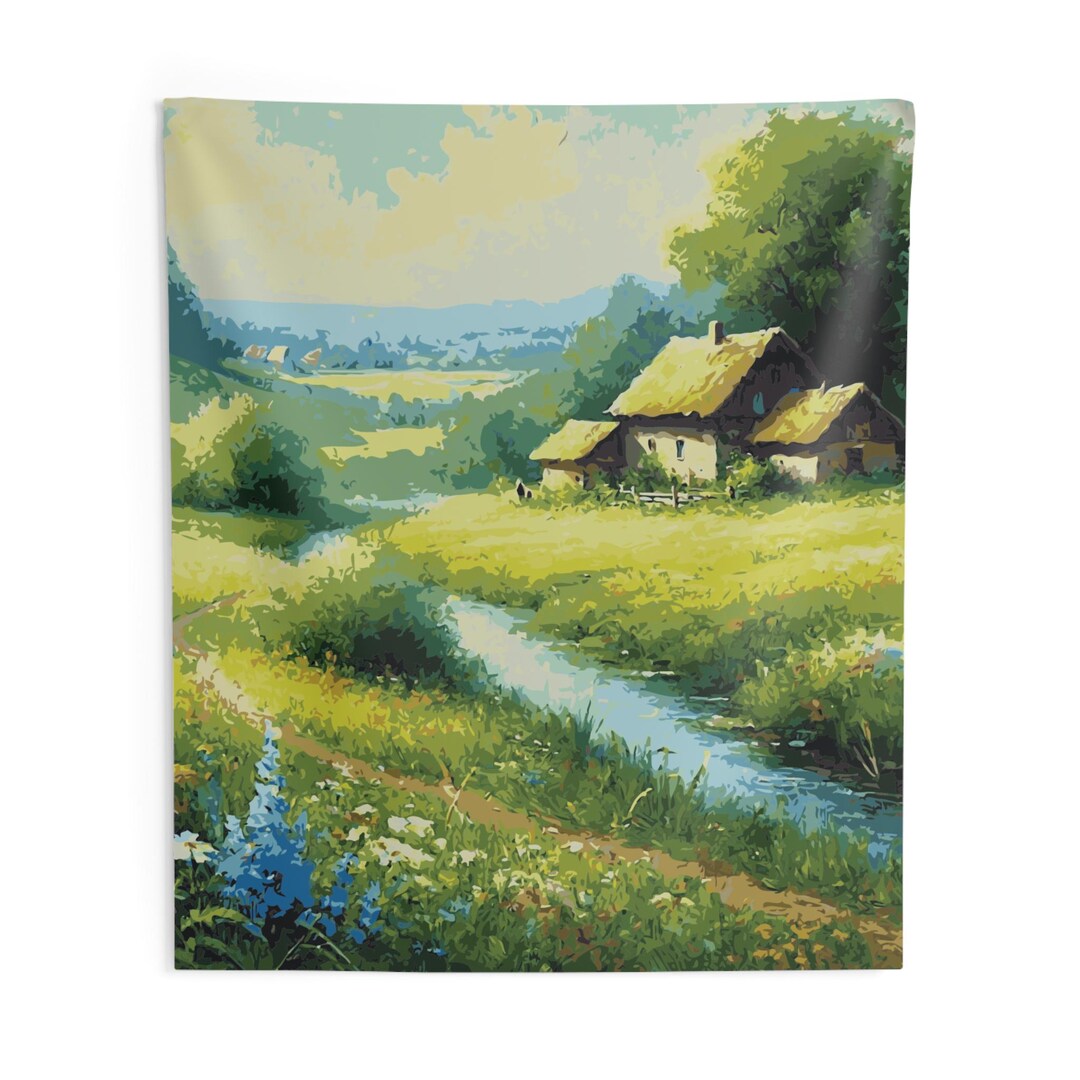 Impressionistic Country Scene Tapestry. A Serene Meadow With ...