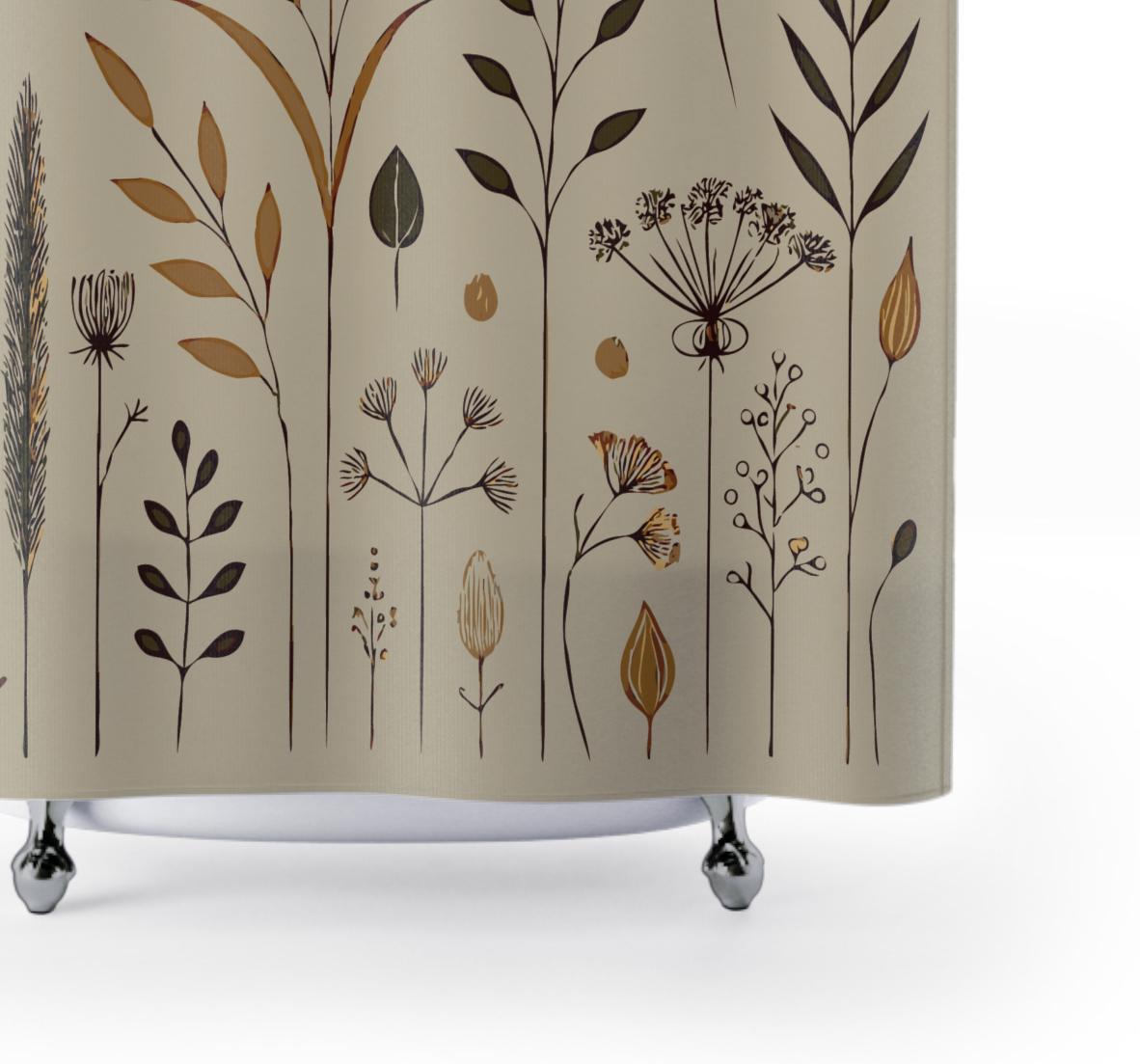 Natural Minimalist Boho Cloth Shower Curtain. Earthy Grasses, Plants ...