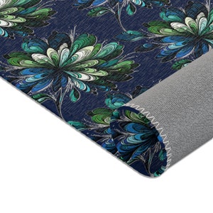 Stylized Green and Blue Botanical Indoor Area Rug. Featuring Elegant ...