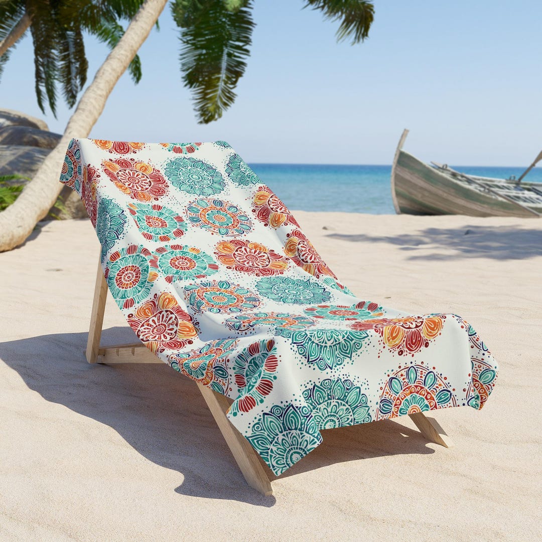 Mandala Beach Towel. Mandalas in Warm Tangerine and Red, and Cool Aqua ...