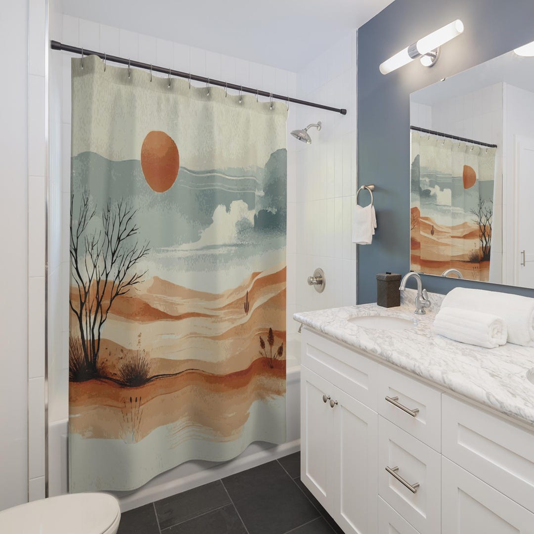Serene Desert Scene Cloth Shower Curtain. Featuring a Tranquil Earthy ...