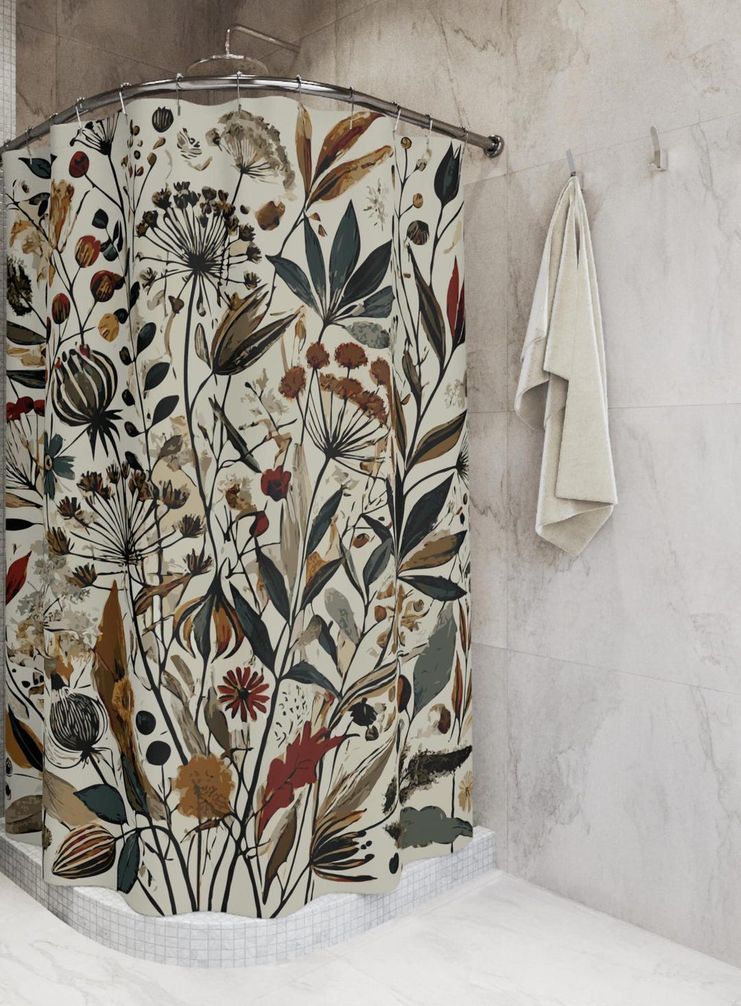 Whimsical Botanical Cloth Shower Curtain. Featuring an Intricate Design ...