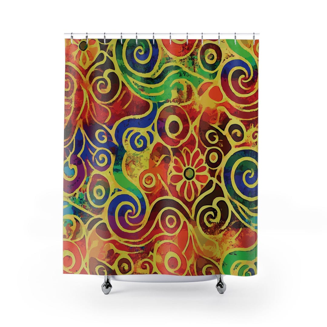 Vibrant Retro Flair Cloth Shower Curtain. Featuring Swirling and ...