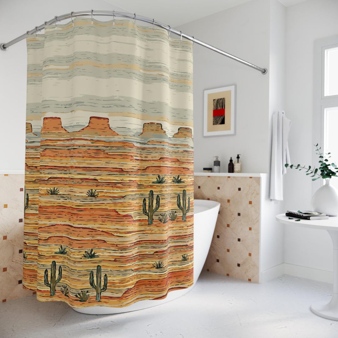 Painted Southwestern Desert Cloth Shower Curtain. Mesas in Rust, Clay ...
