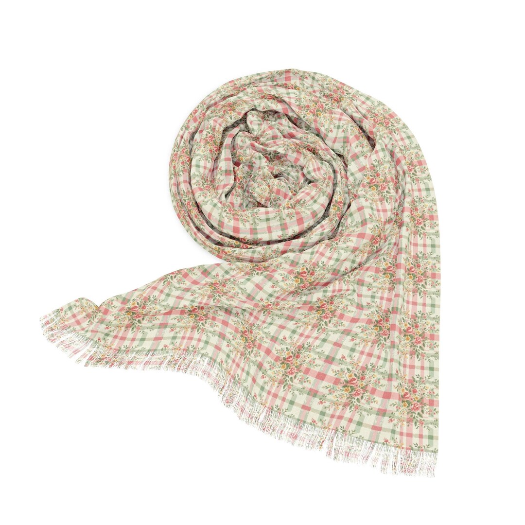 Cottagecore Floral Plaid Scarf. A Palette of Soft Pinks, Greens, and ...