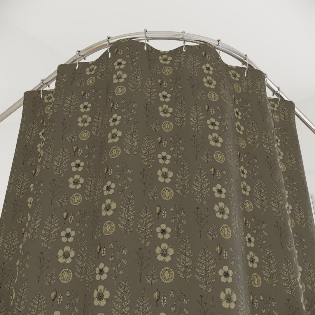 Rustic Botanical Cloth Shower Curtain. Bands of Wild Florals, Seed Pods ...