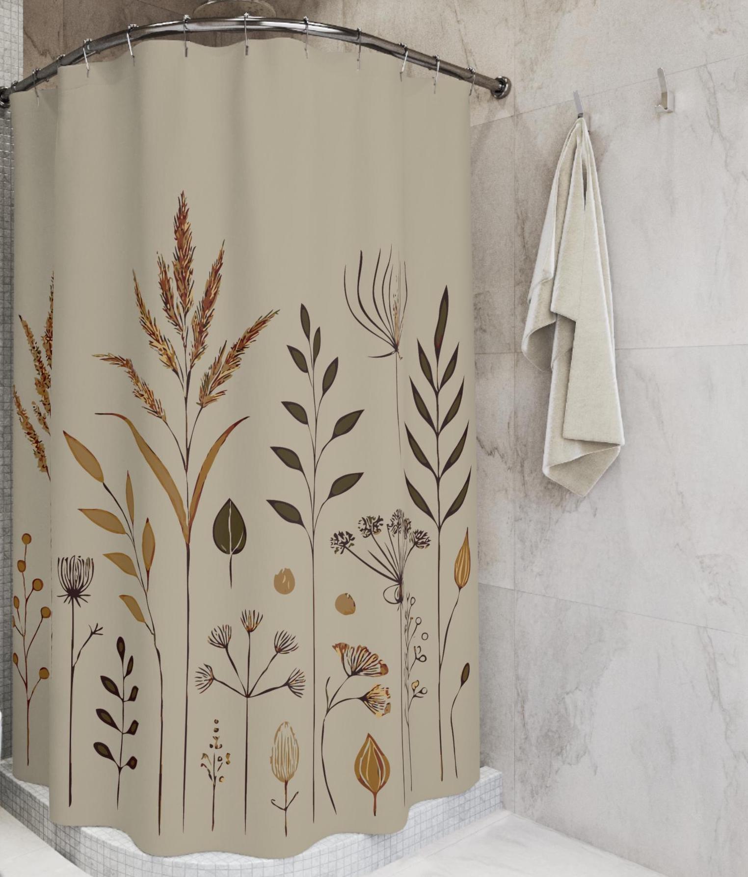 Natural Minimalist Boho Cloth Shower Curtain. Earthy Grasses, Plants ...