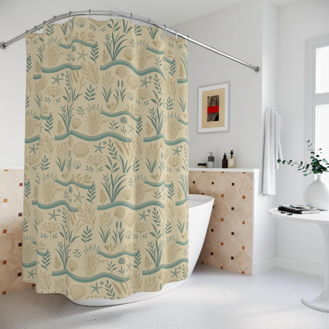 Coastal Waves Cloth Shower Curtain. Seashells, Starfish, Flowing Reeds ...