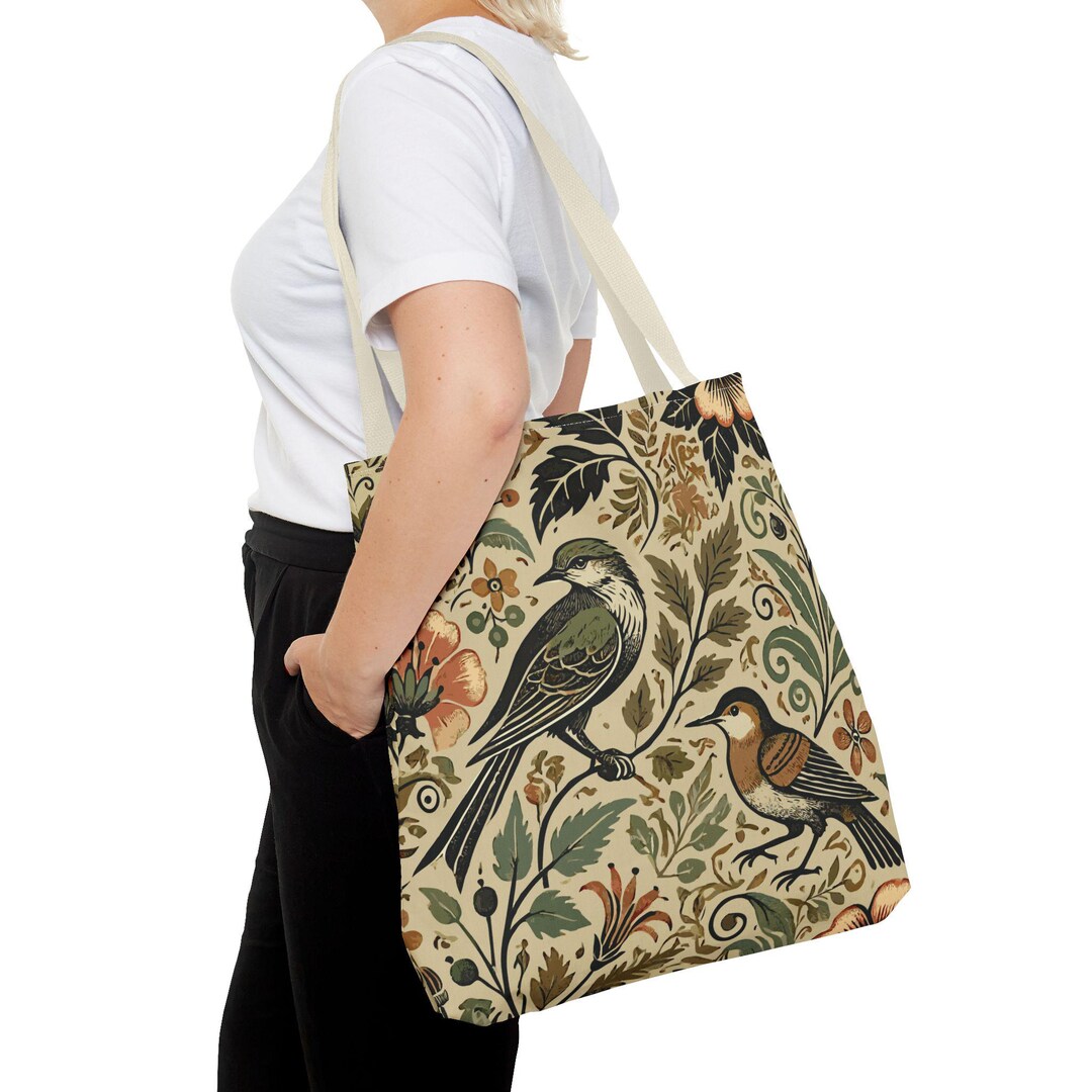 Vintage-inspired Bird Designed Tote Bag. Detailed Birds Among Lush ...