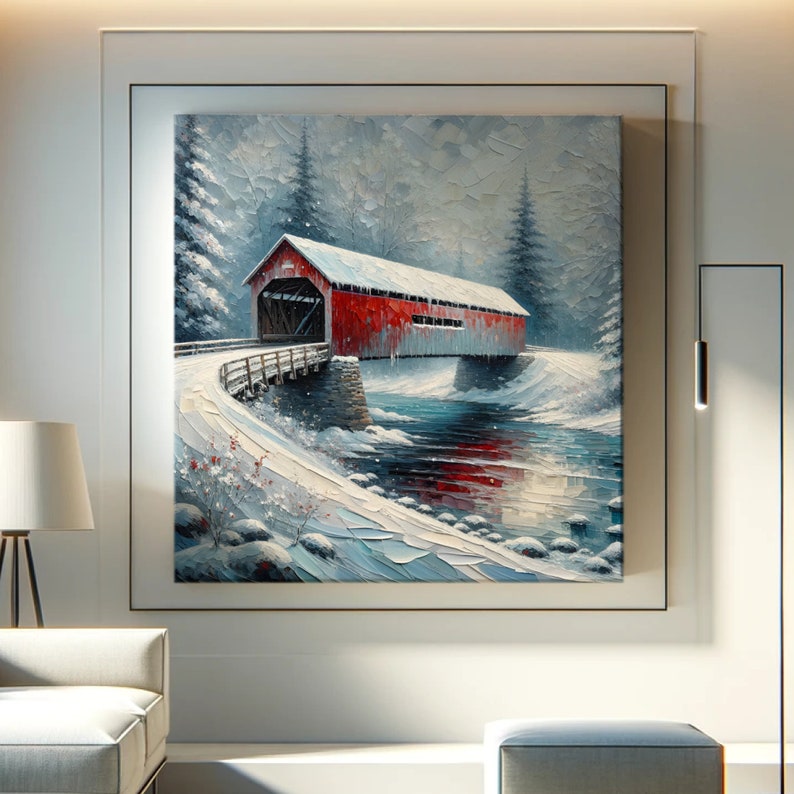 Winter's Hush Bridge - Snowy Covered Bridge Digital Artwork, Winter ...