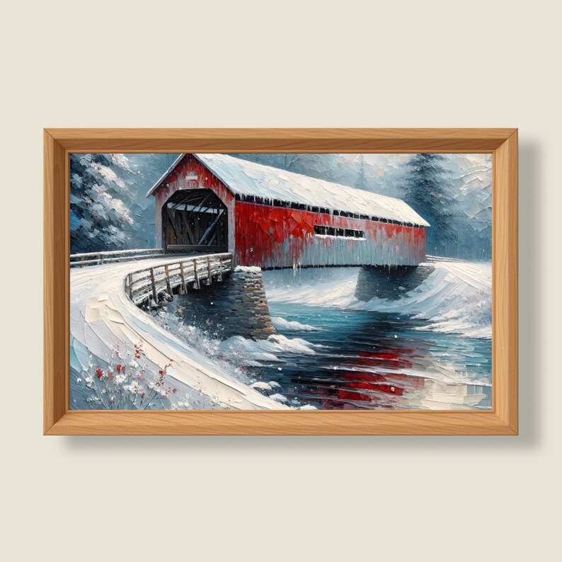 Winter's Hush Bridge - Snowy Covered Bridge Digital Artwork, Winter ...
