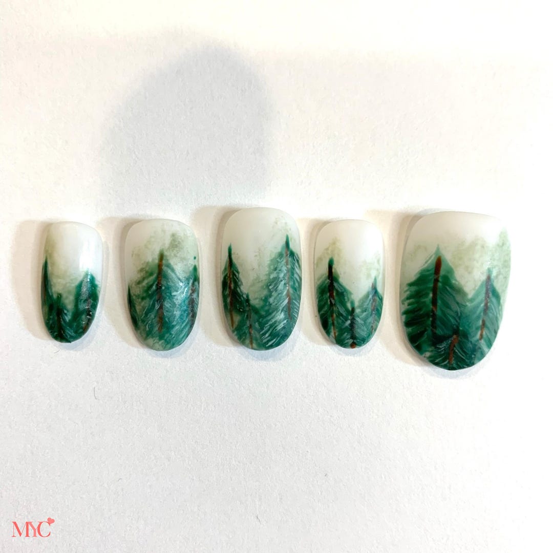 Evergreen Nail Set Pine Tree Nails Tree Nails Winter Nails Press on ...