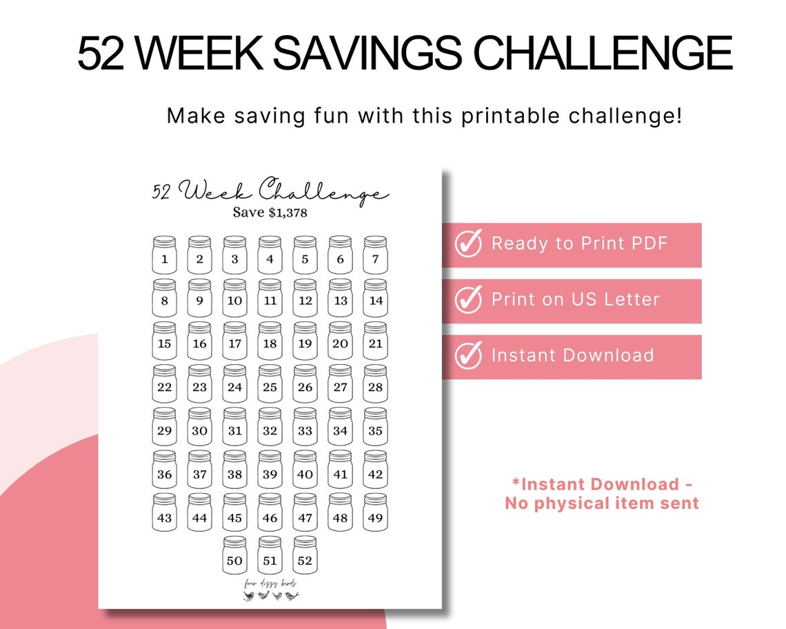 52 Week Savings Challenge Tracker Printable PDF Cash Tracker Sinking ...