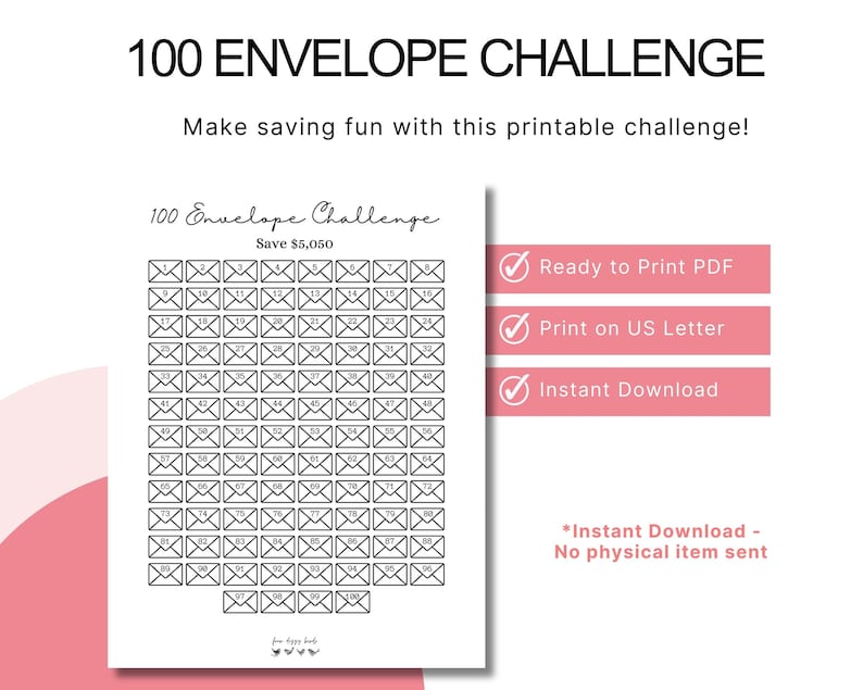 100 Envelope Savings Challenge Tracker Printable PDF Bundle Cash ...