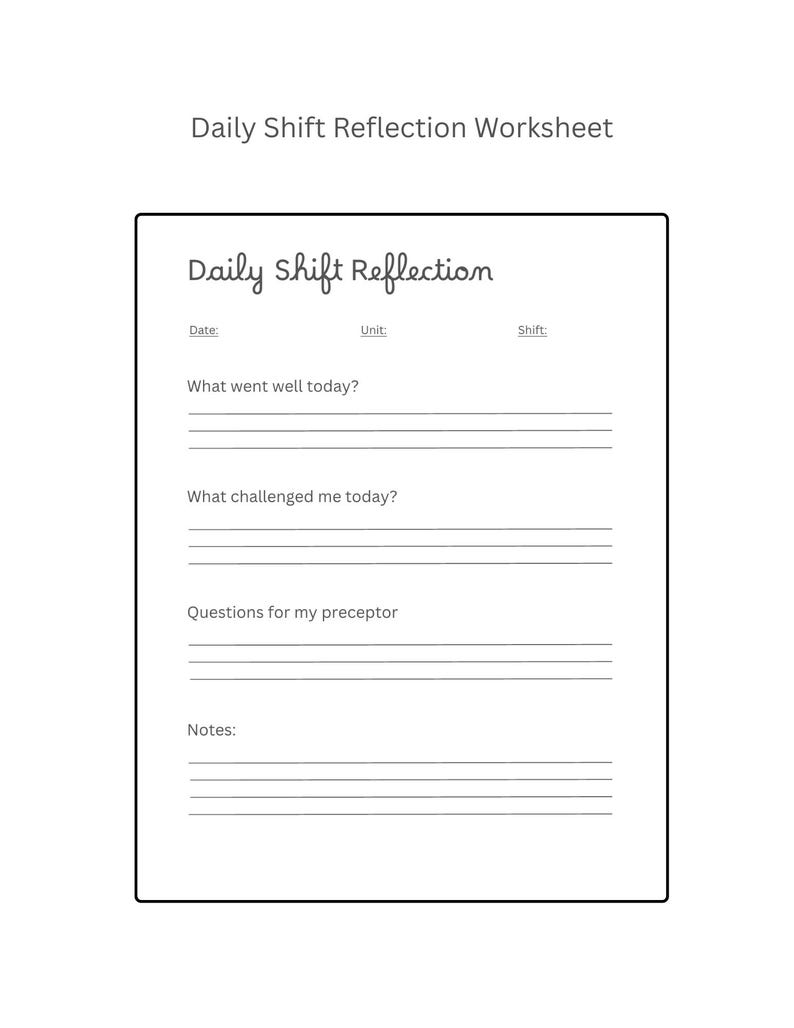 New Grad Nurse Orientation Printable I Daily Shift Reflection ...