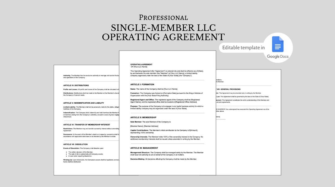 Editable Single-member LLC Operating Agreement Template (instant ...