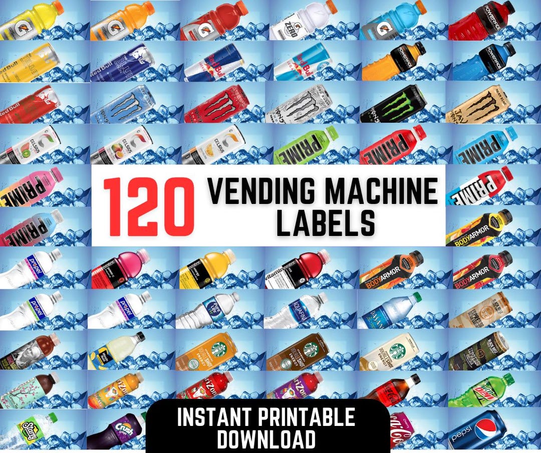 Vending Machine Labels: 120+ Snack & Drink Stickers (PDF Download, 3 ...