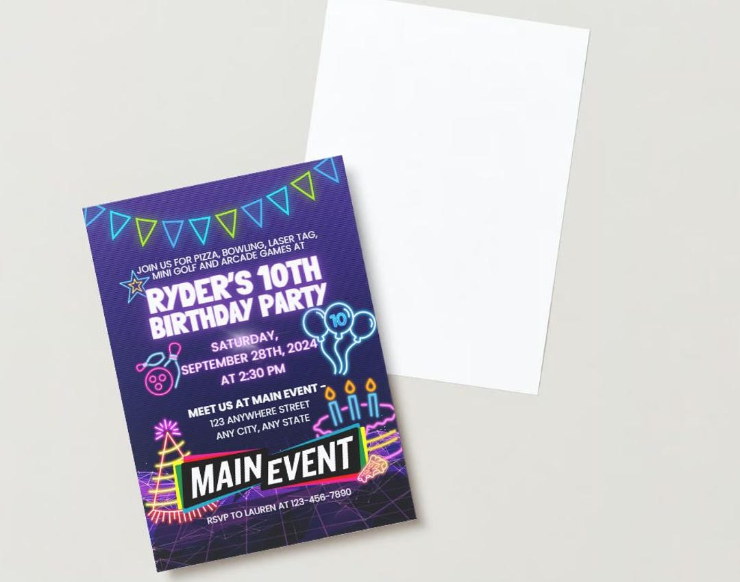 Main Event Birthday Party Invitation, Neon Party, Bowling Party, Arcade ...
