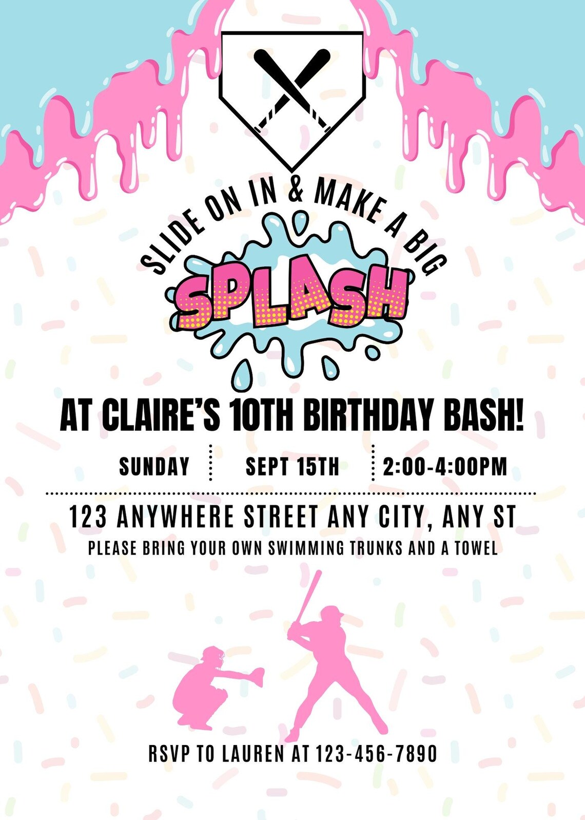 Baseball Drip Party Invitation, Ice Cream Drip, Swimming, Water ...