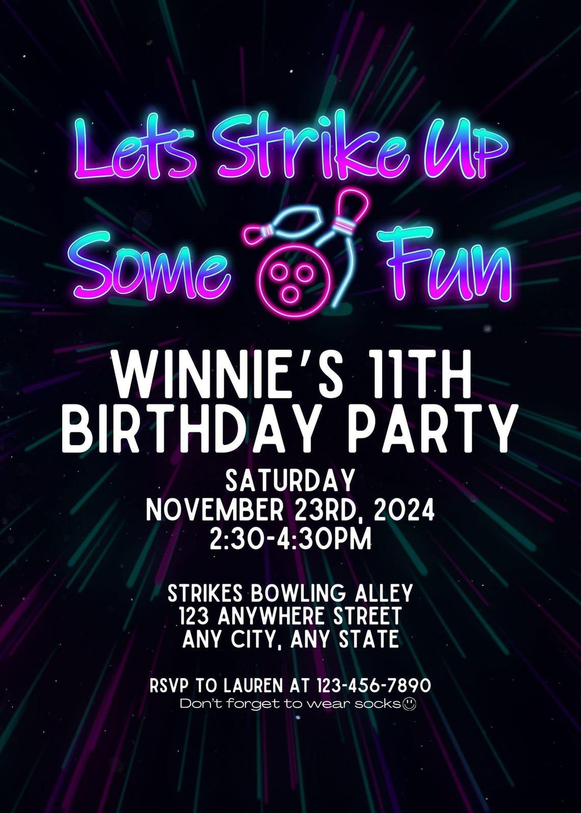 Neon Bowling Birthday Invitation, Glow Bowling Invitation, Party, Boy ...