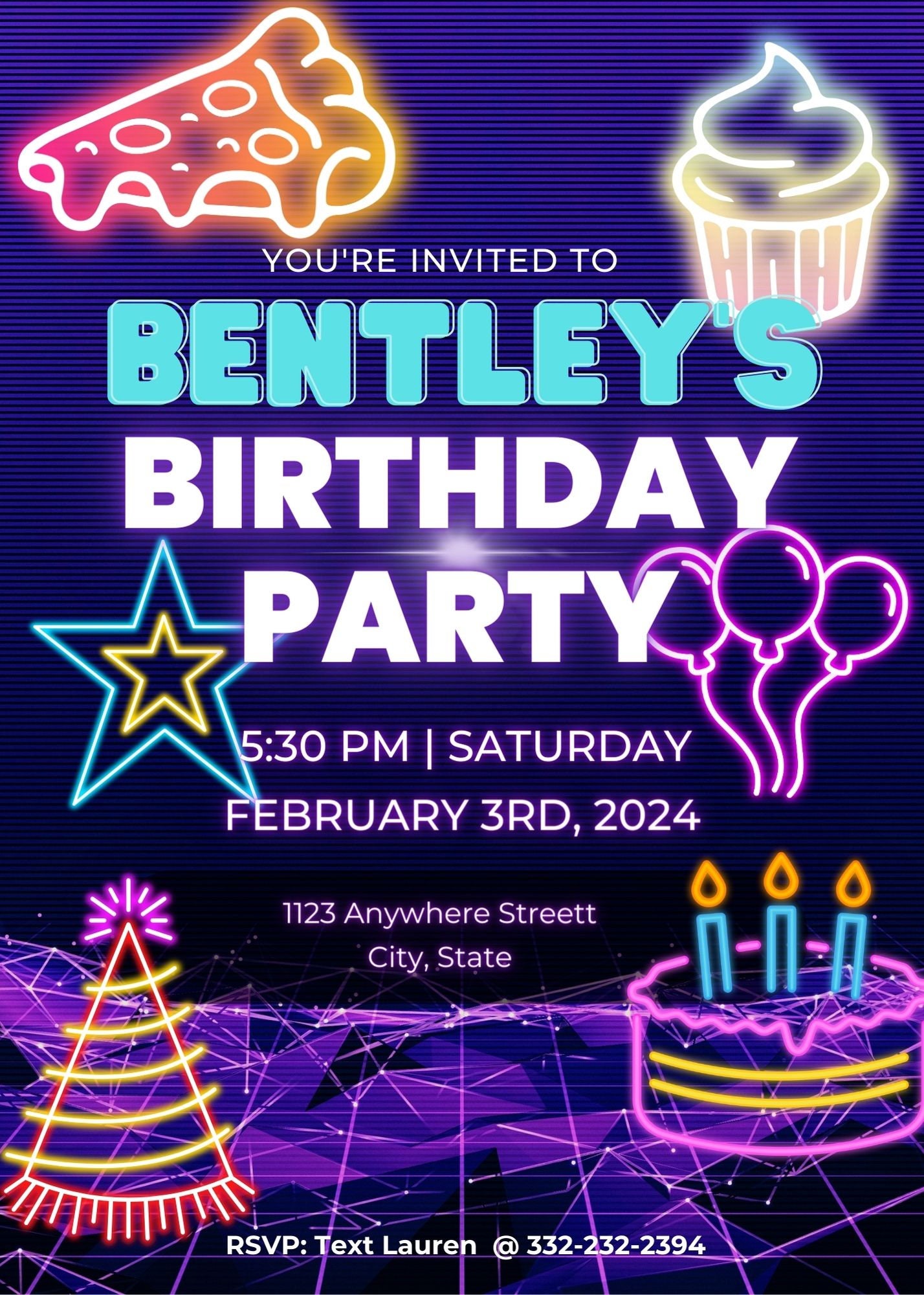 Neon Birthday Party Invitation, Kids Glow Party, Kids Neon Party, Girl ...