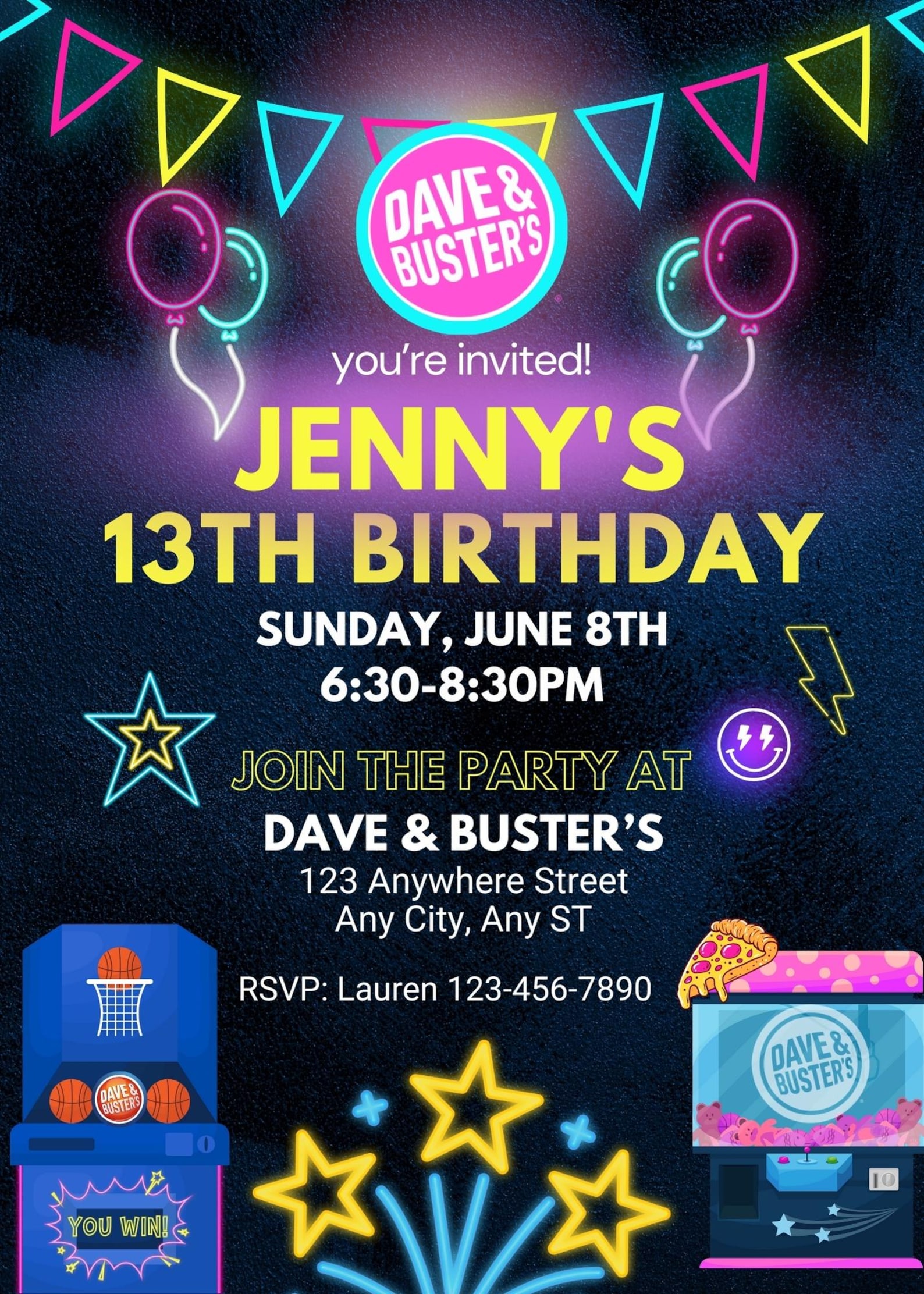 Dave and Busters Party, Neon Birthday Invitation Fun Party, Arcade ...