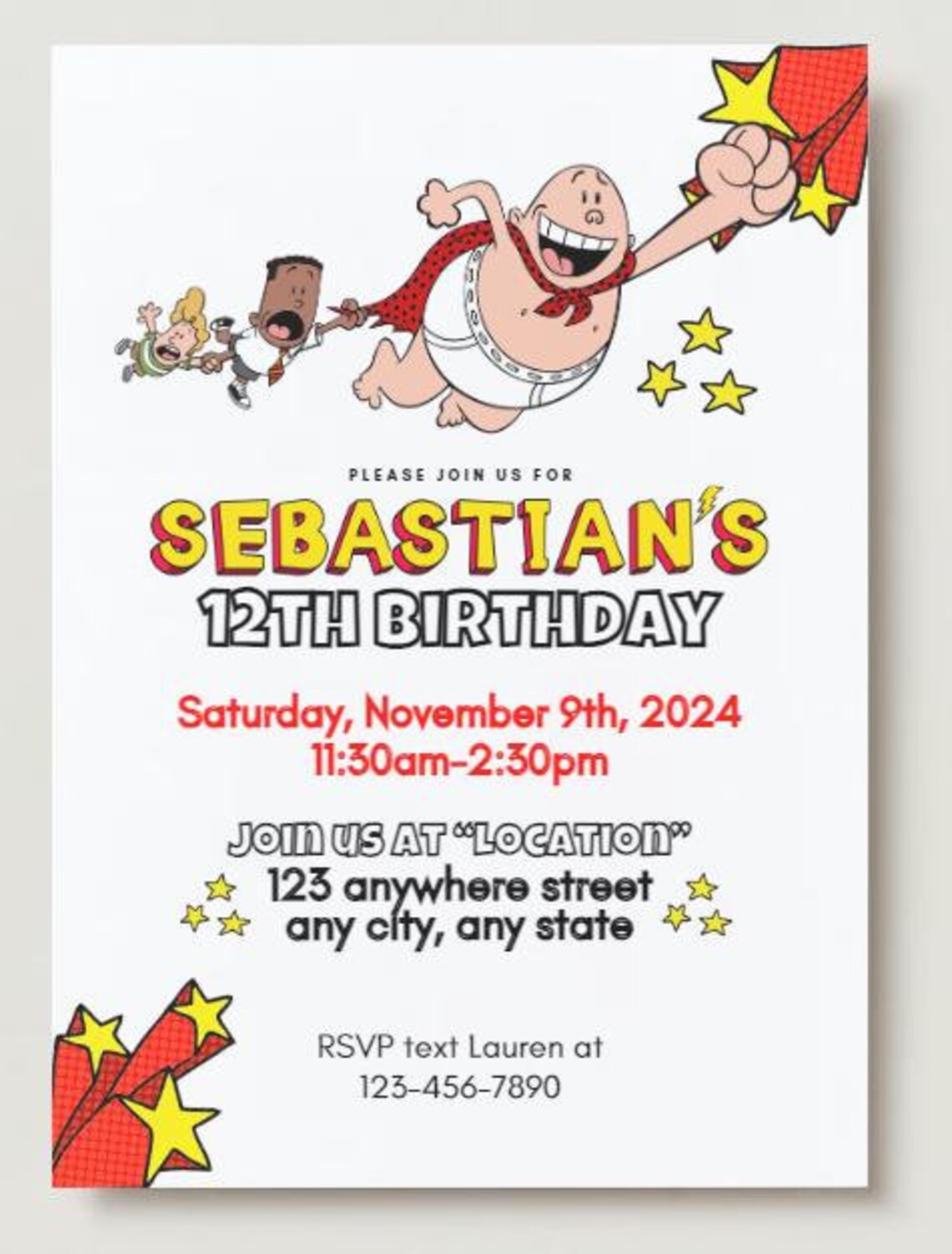 Captain Underpants Birthday Party Invitation, Capt Underpants, Kid ...