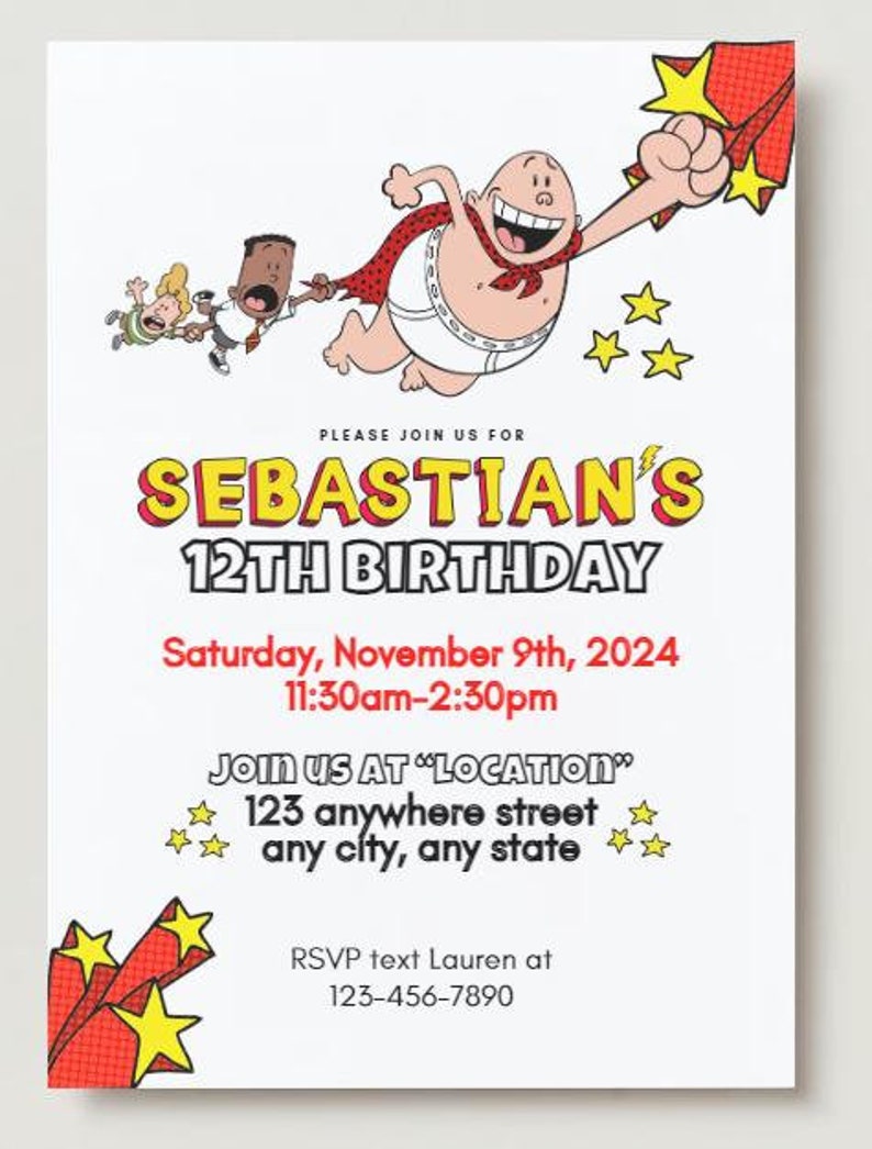 Captain Underpants Birthday Party Invitation, Capt Underpants, Kid ...