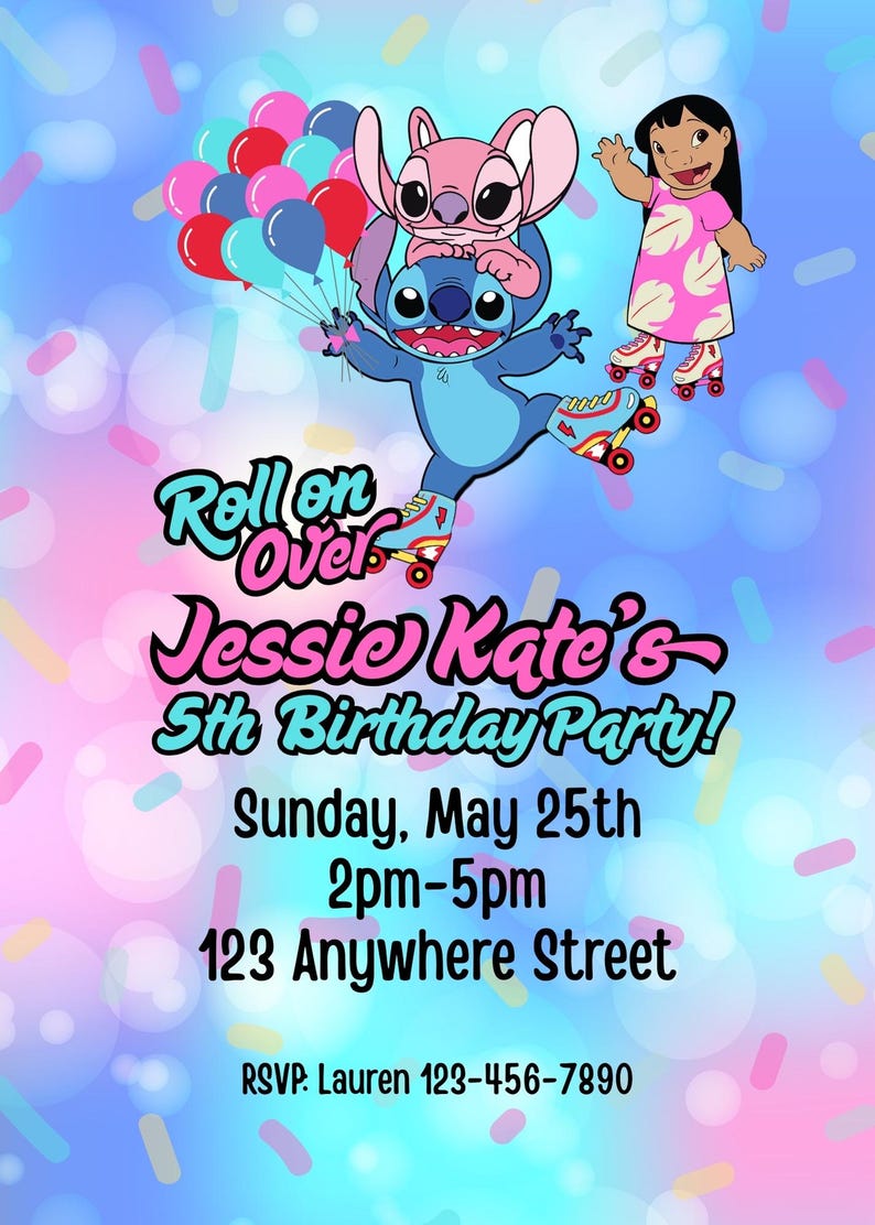 Stitch Roller Skating Birthday Invitation, Party, Kids, Girls, Lilo ...