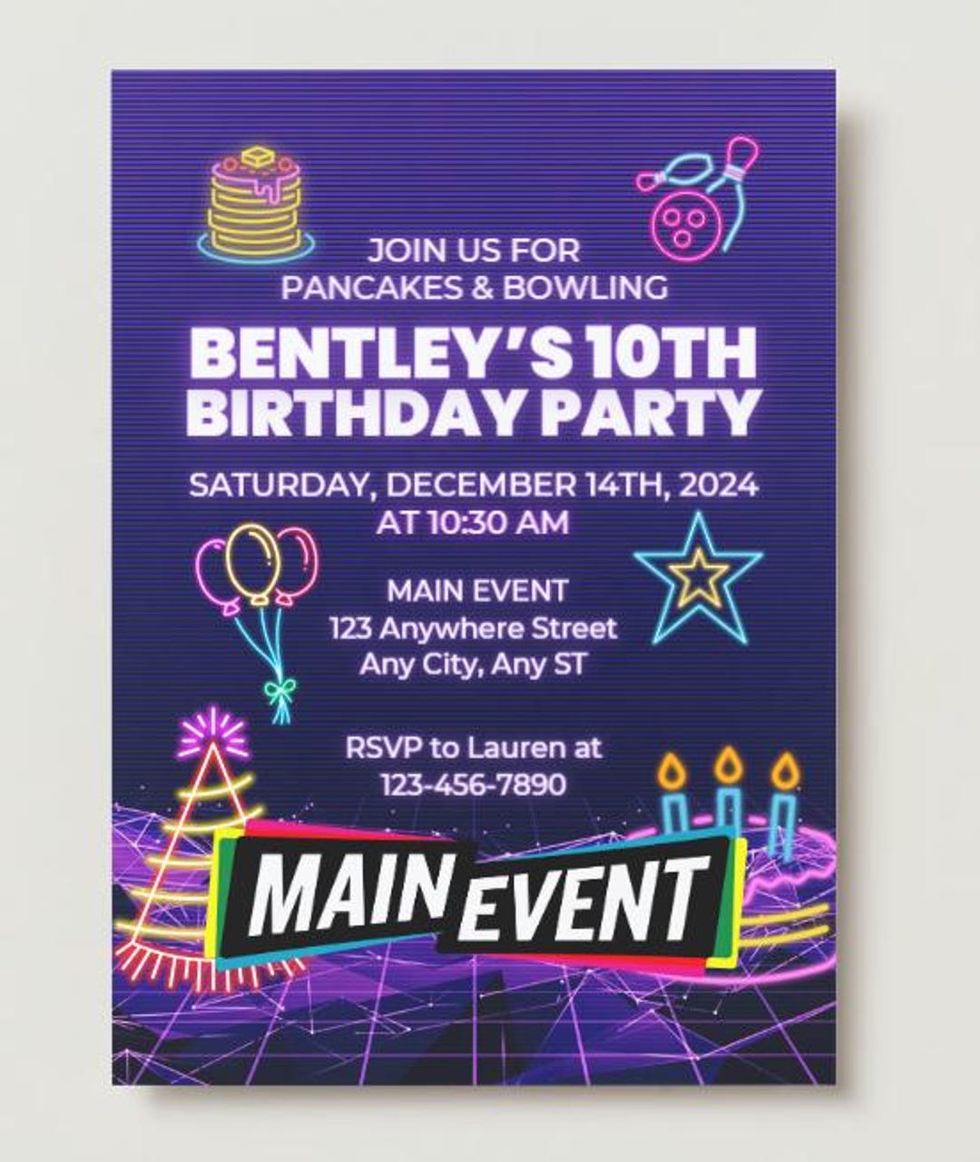 Pancakes and Bowling Neon Birthday Party Invitation, Main Event Party ...