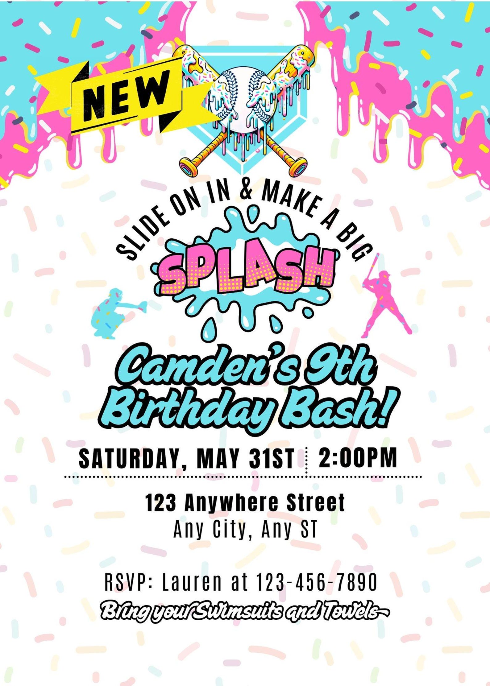 Baseball Drip Party Invitation, Ice Cream Drip, Swimming, Water ...