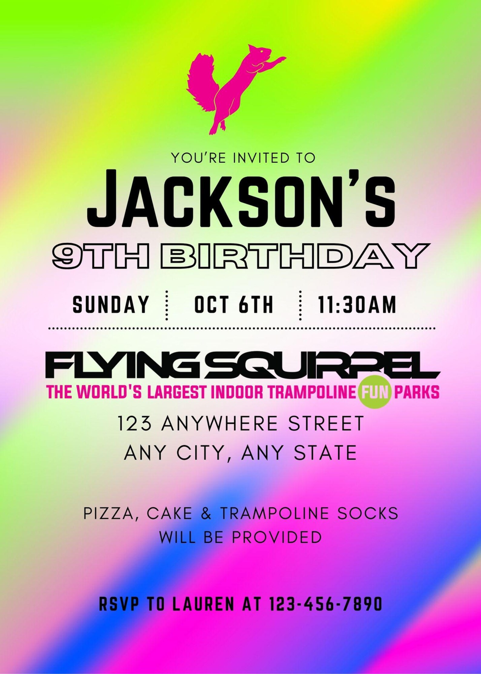 Flying Squirrel Birthday Party Invitation, Trampoline Park, Neon ...