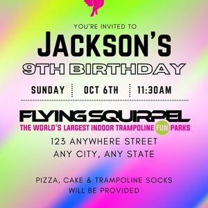 Flying Squirrel Birthday Party Invitation, Trampoline Park, Neon ...