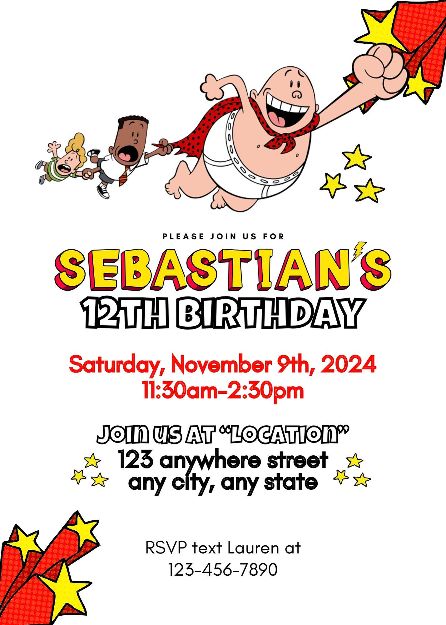 Captain Underpants Birthday Party Invitation, Capt Underpants, Kid ...