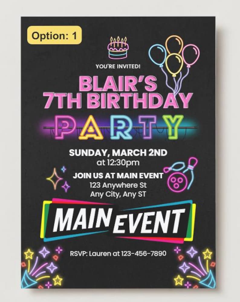 Neon Main Event Birthday Party Invitation, Main Event Party, Bowling ...